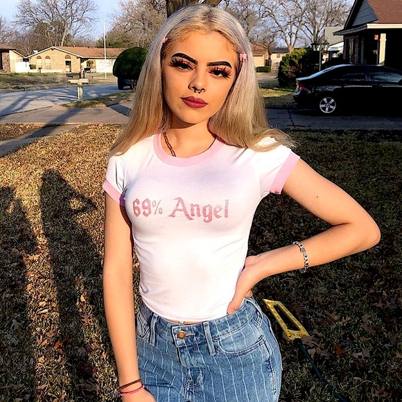 Tops | White Sparkly 69 Angel Y2k Crop Tshirt | Poshmark